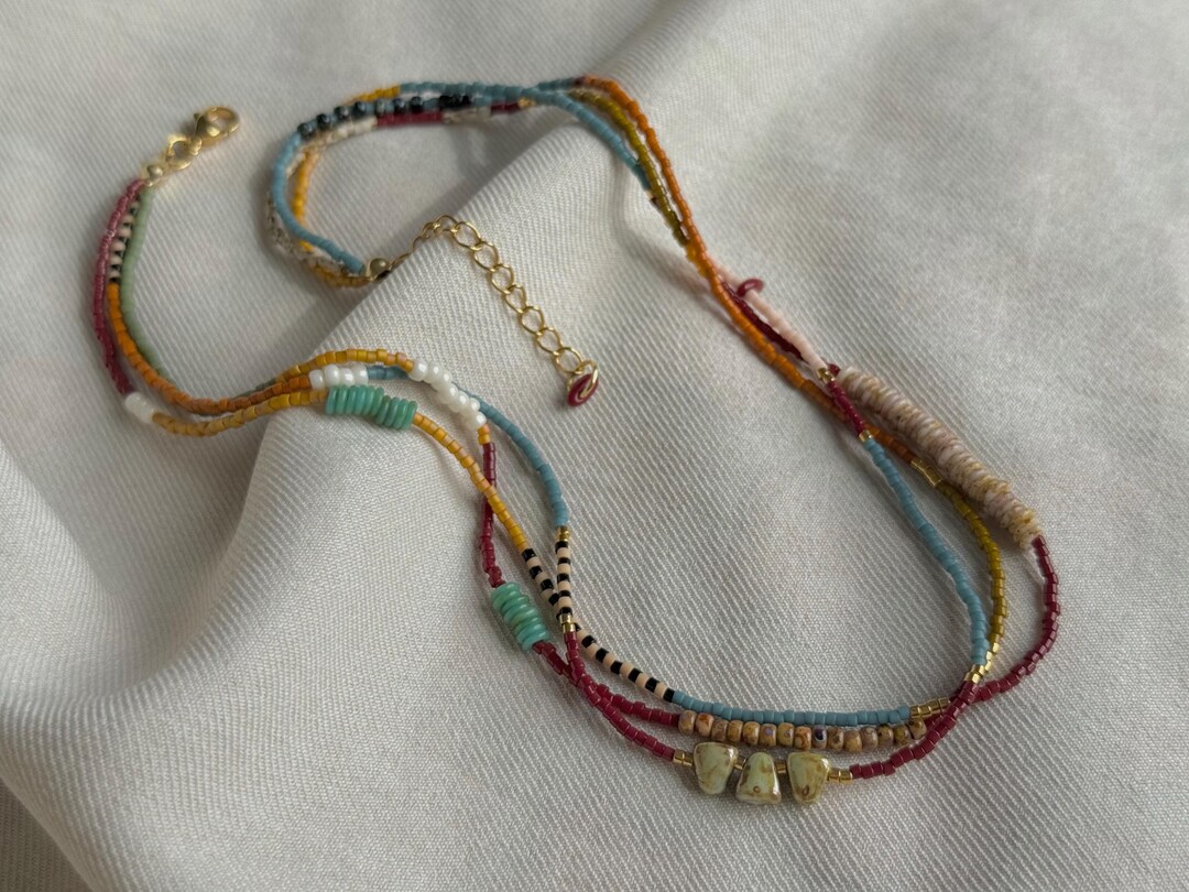AMY Multicolor Mixed Bead Multi Strand Summer Necklace, Boho Fall Style ...