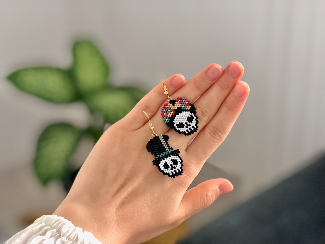 Beaded Skull Halloween Earring, Halloween Earrings Dangle, Scary ...