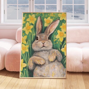 Easter Bunny Art Print, Spring Rabbit Family Painting, Whimsical Bunny ...