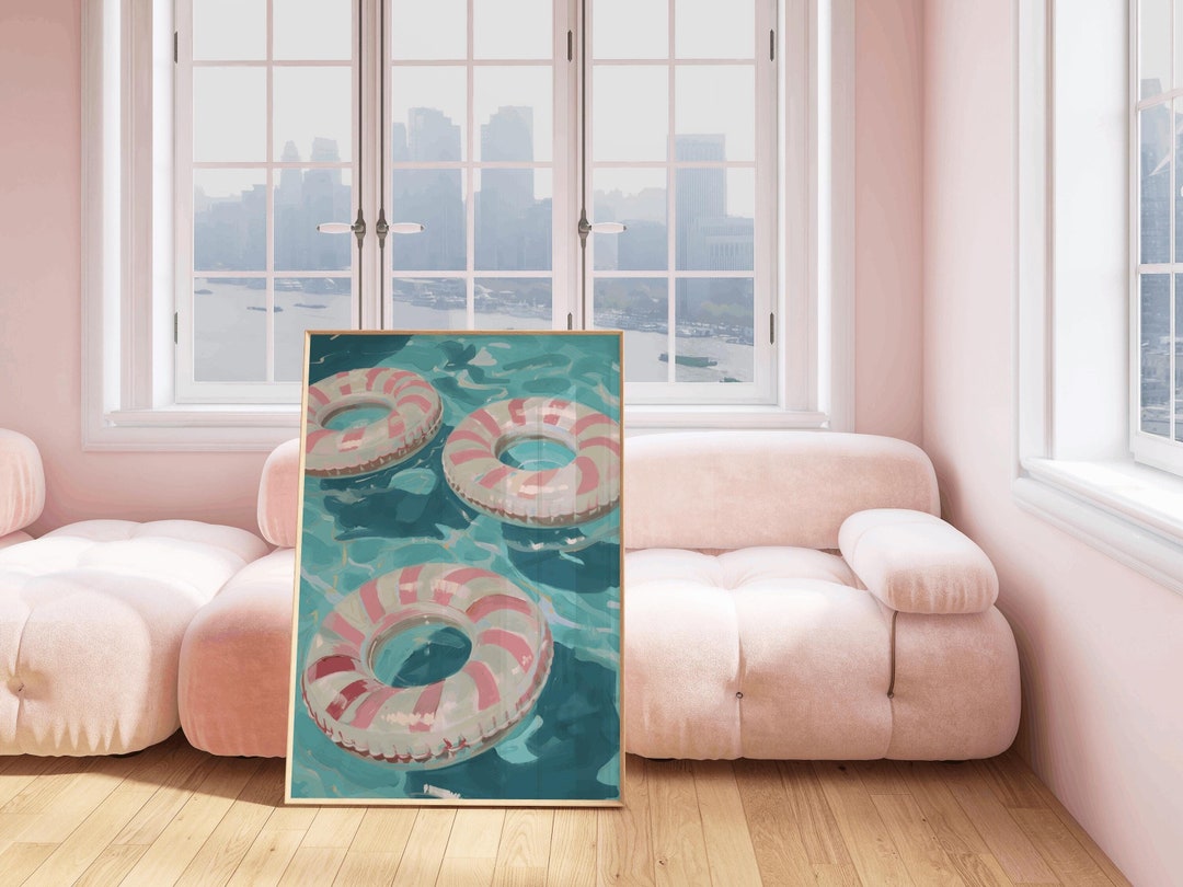 Pink and White Striped Tube Painting, Summer Pool Float Wall Art Print ...