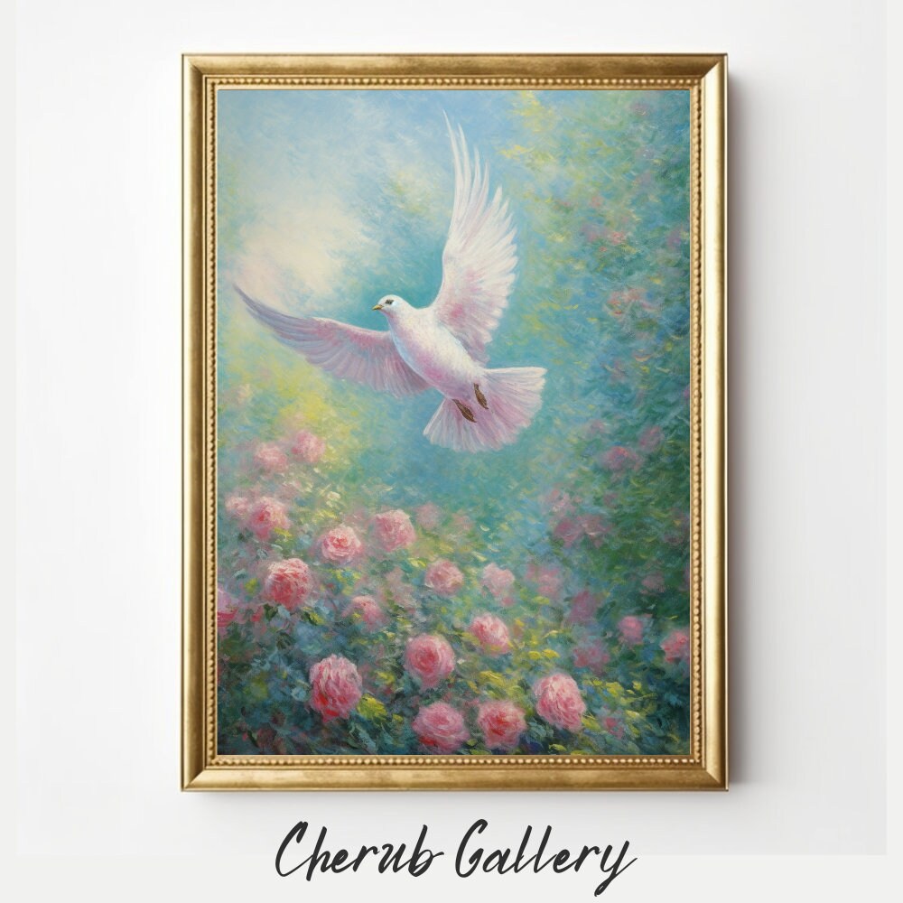 Dove Above Roses Painting, Holy Spirit Dove Wall, Vintage Dove Drawing ...