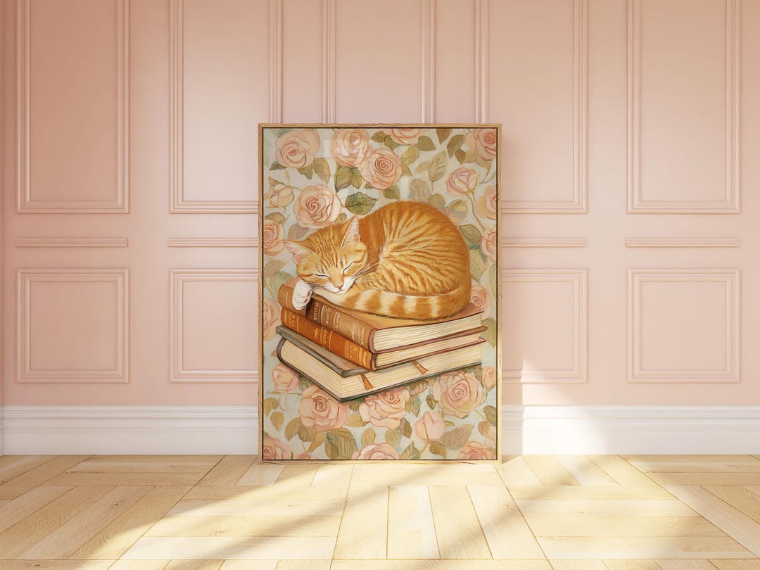 Orange Cat Book Worm, Orange Tabby Cat Book Lover Print, Stack of Books ...