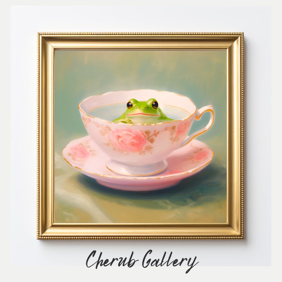 Cute Frog in Teacup, Frog Vintage Art, Frog Room Decor, Frog Printable ...