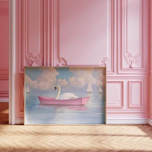 Swan on Pink Row Boat, Coastal Wall Art, Aesthetic Blue Navy Wall ...