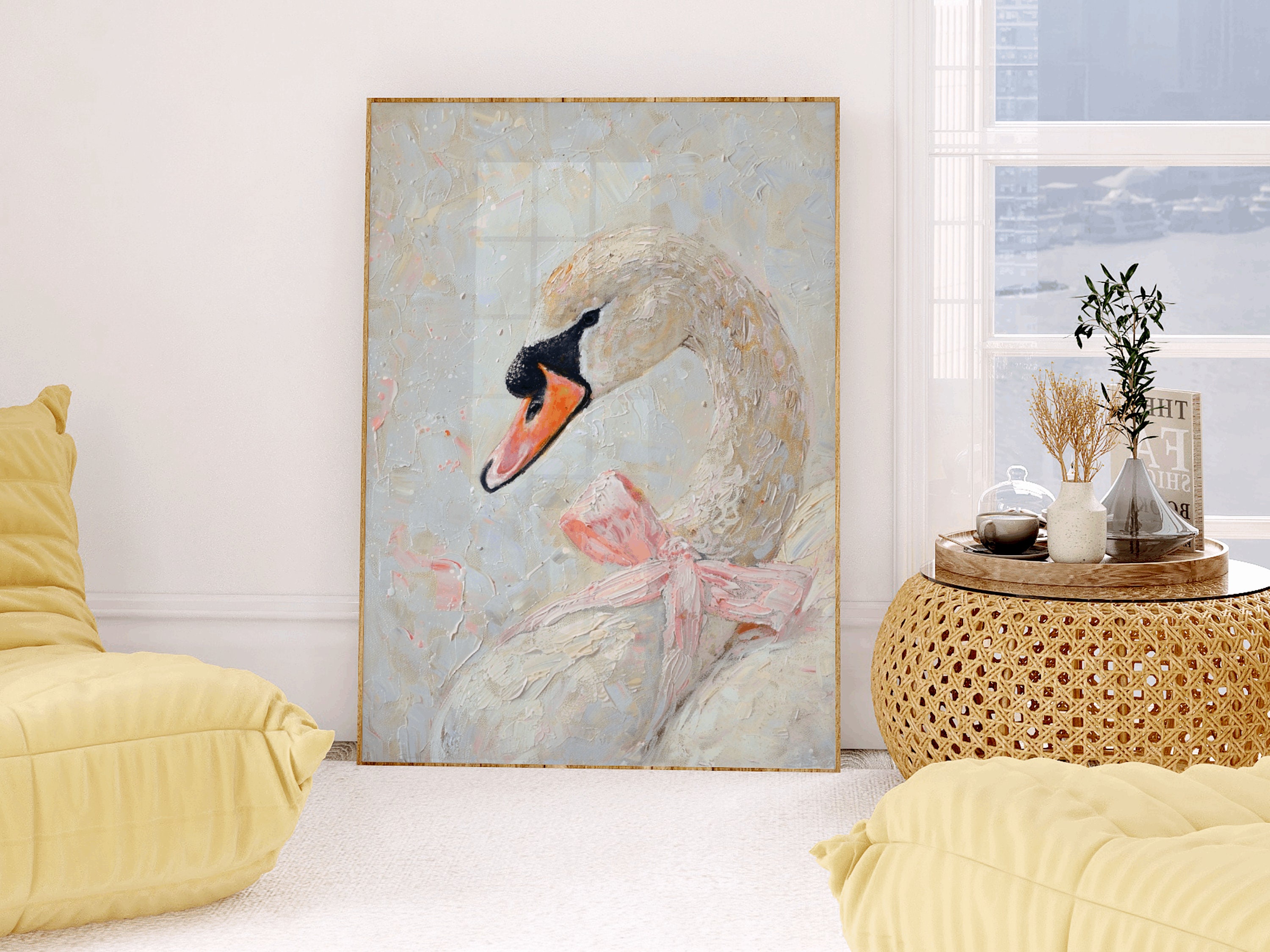 White Swan Pink Ribbon Art, Swan Pink Bow Print, Soft Pink Girly ...