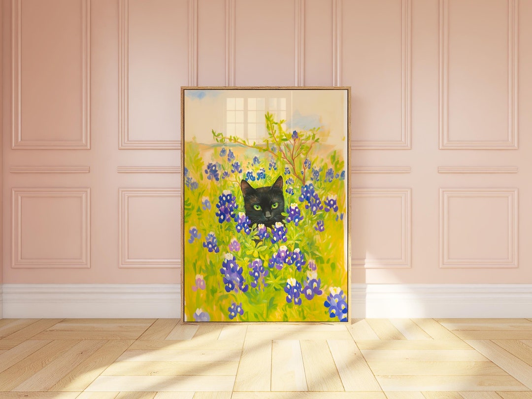 Black Cat Spring Flower Field, Cottagecore Black Cat, Farmhouse Black ...