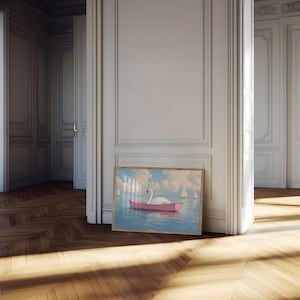 Swan on Pink Row Boat, Coastal Wall Art, Aesthetic Blue Navy Wall ...