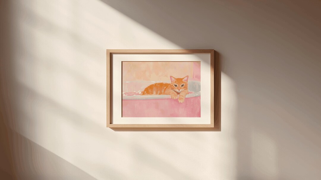 Orange Ginger Bathroom Bathtub Art, Ginger Cat Print, Cat Painting ...
