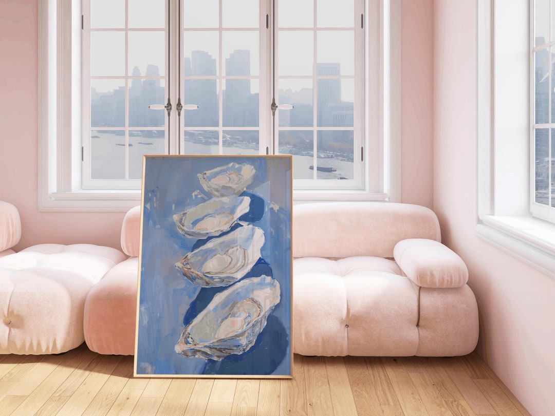 Blue Oyster Shell Painting, Abstract Coastal Beach House Wall Art ...