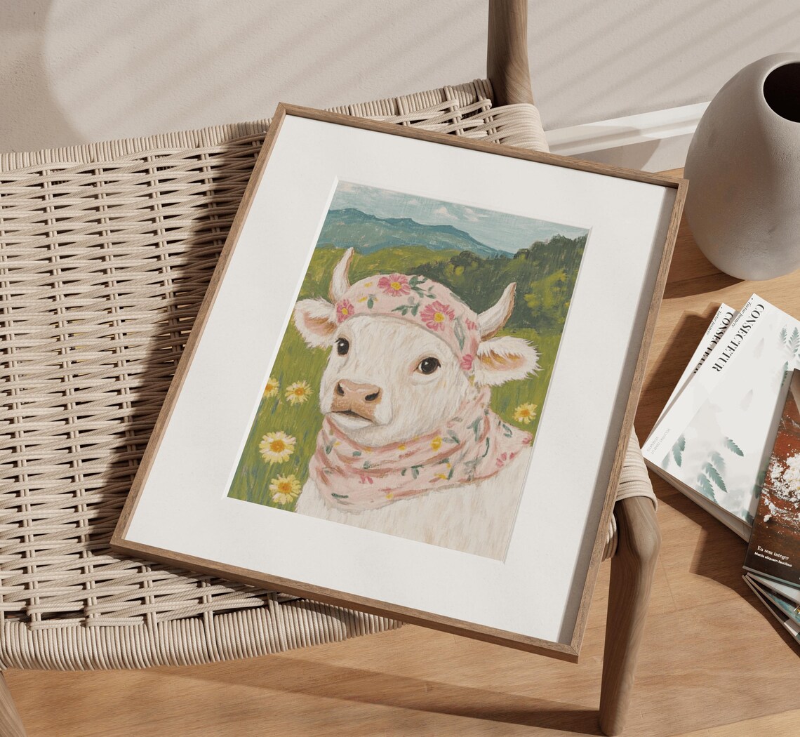 Babushka Highland Cow Art, Cottagecore Vintage Printable Art Elegant ...