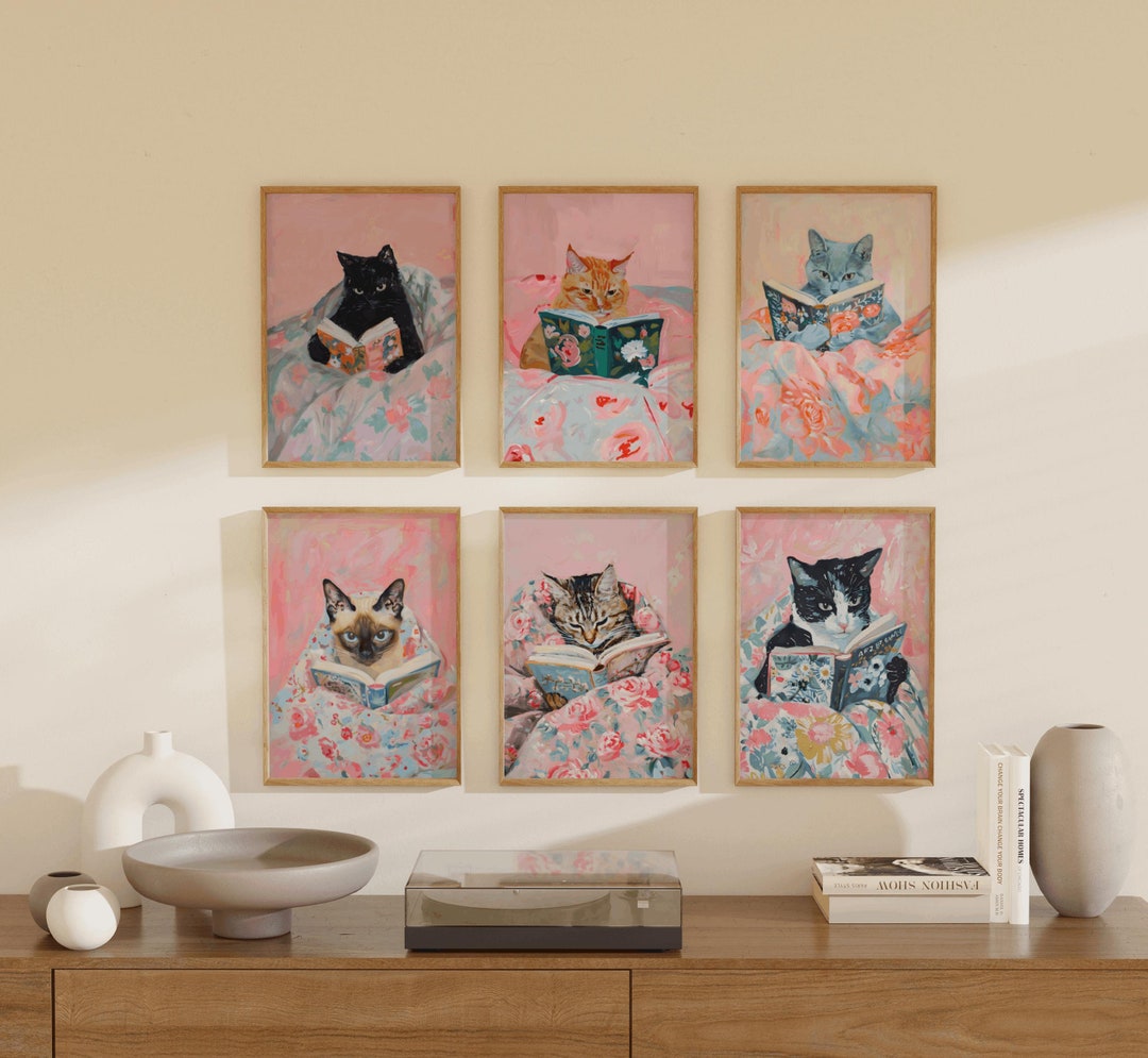 Cats Reading Books, Study Room Wall Art, Set of Six, Set of 6, Reading ...
