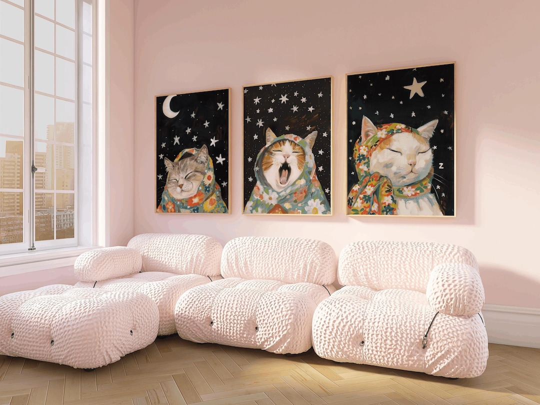 Set of 3 Sleepy Babushka Cats, Cats Nursery, Cottagecore Cat Painting ...