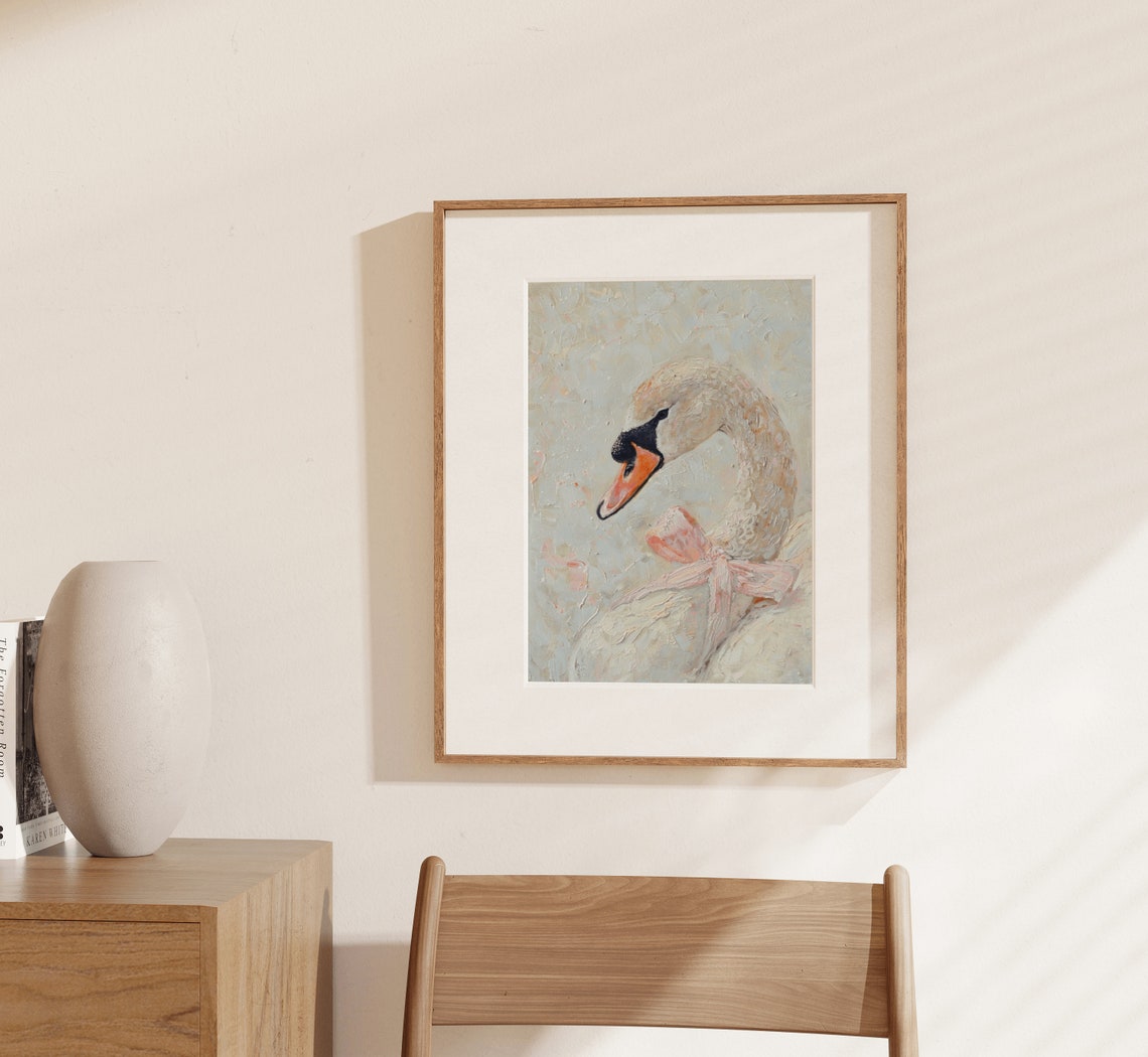 White Swan Pink Ribbon Art, Swan Pink Bow Print, Soft Pink Girly ...