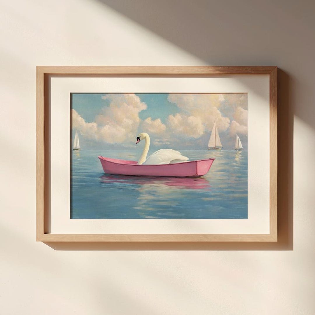 Swan on Pink Row Boat, Coastal Wall Art, Aesthetic Blue Navy Wall ...