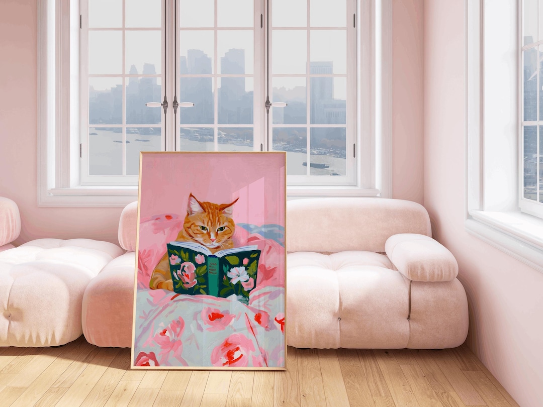 Ginger Cat Book Lover Print, Stack of Books Painting, Bookworm ...