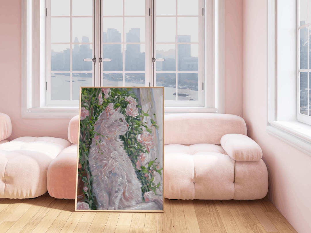 Farmhouse Cat Painting, Floral Cat Print, Cottagecore Cat Painting ...