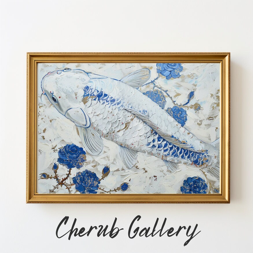 Koi Fish Blue Chinoiserie, Japanese Koi Fish Art Koi Fish Art Decor ...