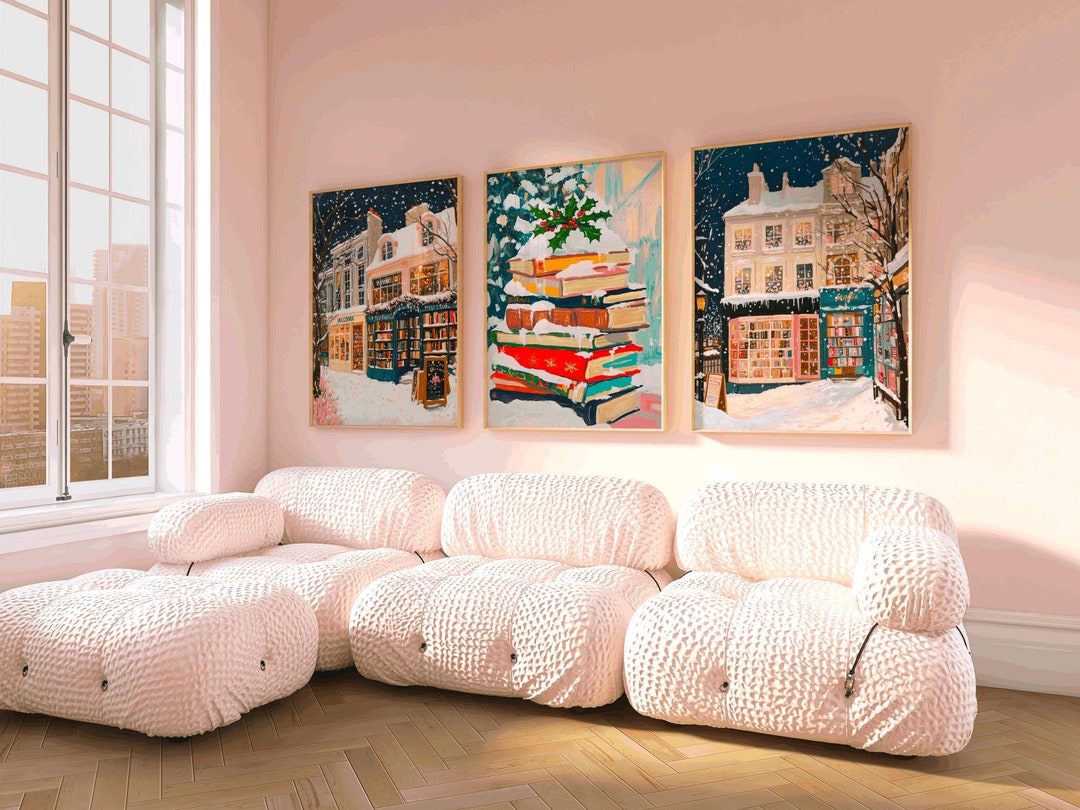 Set of 3 Bookstore Print, Winter Book Shop New York Wall Art, Reading ...