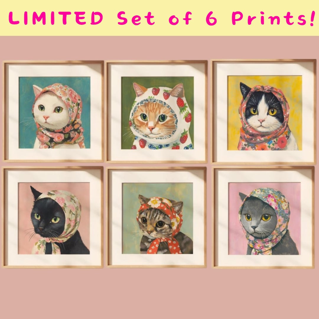 Babushka Cats, Set of Six, Set of 6, Cats Wall Art, Farmhouse Decor ...