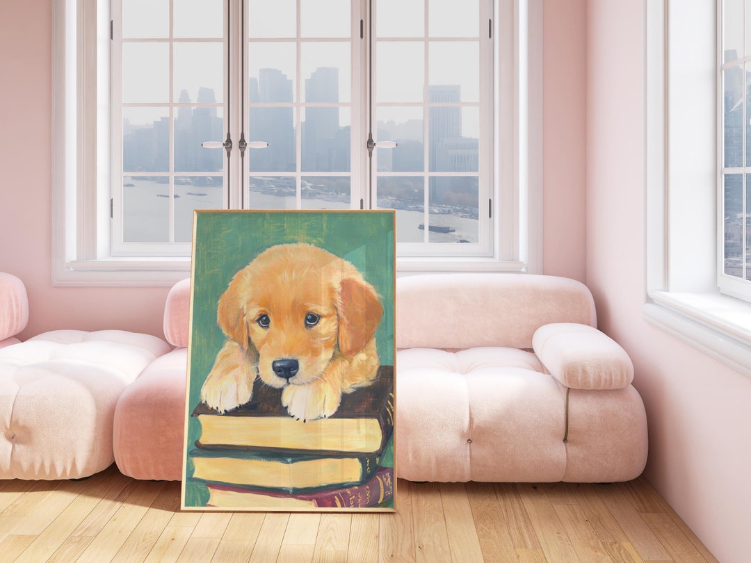 Golden Retriever Labrador Reading Room, Stack of Books Painting ...