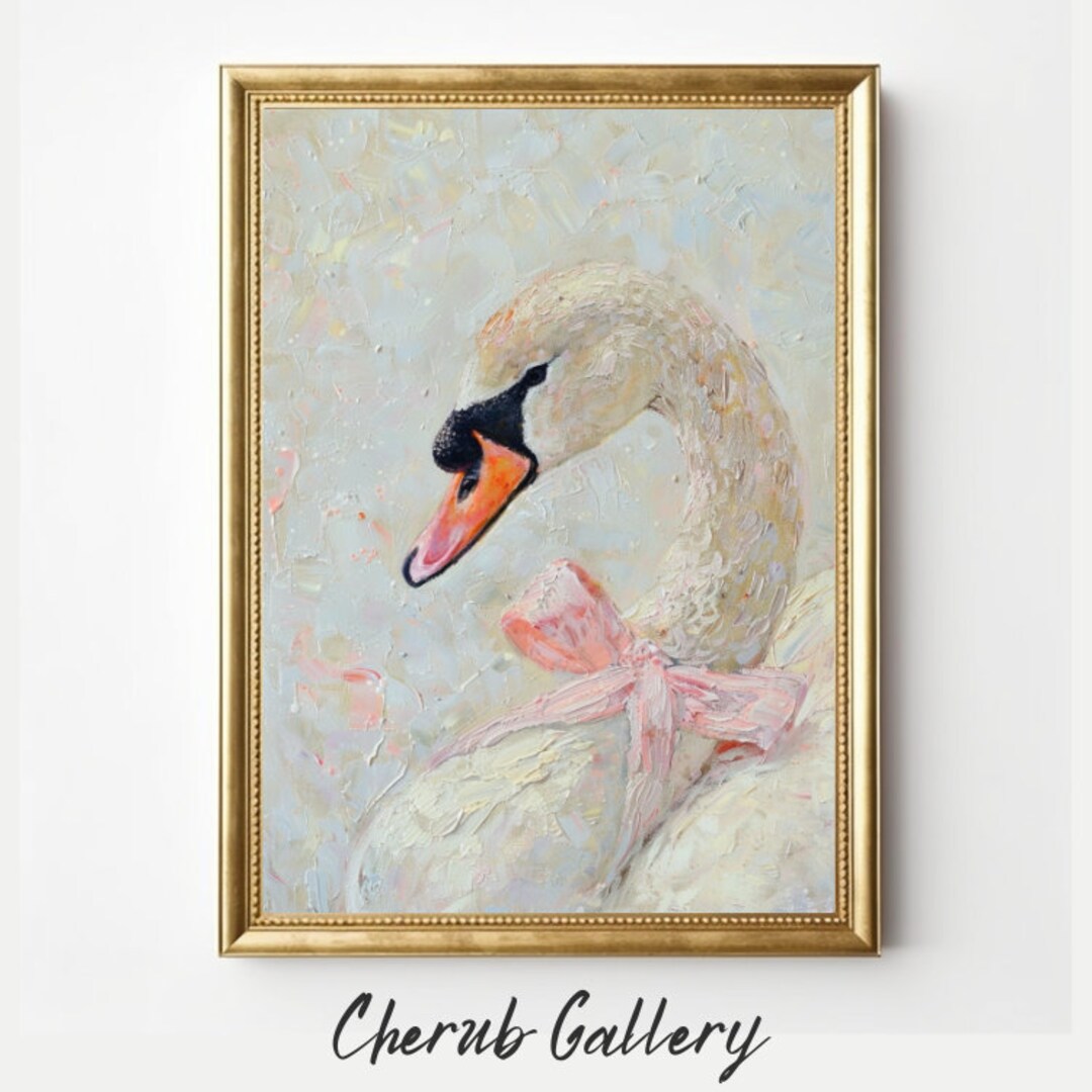 White Swan Pink Ribbon Art, Swan Pink Bow Print, Soft Pink Girly ...