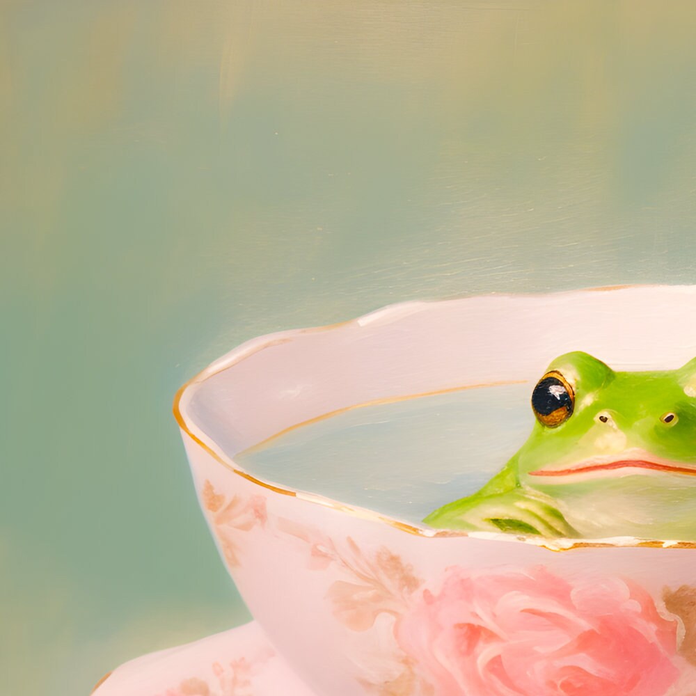 Cute Frog in Teacup, Frog Vintage Art, Frog Room Decor, Frog Printable ...