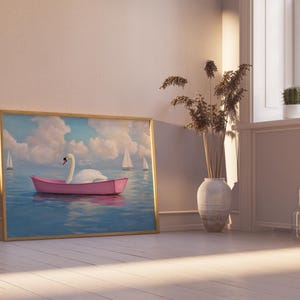 Swan on Pink Row Boat, Coastal Wall Art, Aesthetic Blue Navy Wall ...