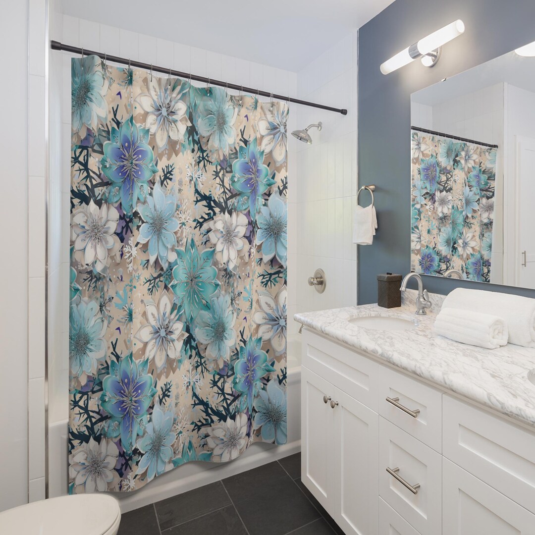 Floral Shower Curtain, Icy Blue Flower Pattern Bathroom Decor, Home ...