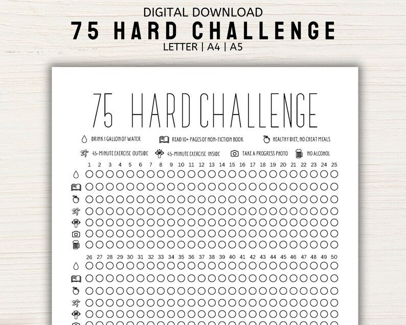 75-day Hard Challenge, Simple Printable Fitness Tracker, Exercise ...