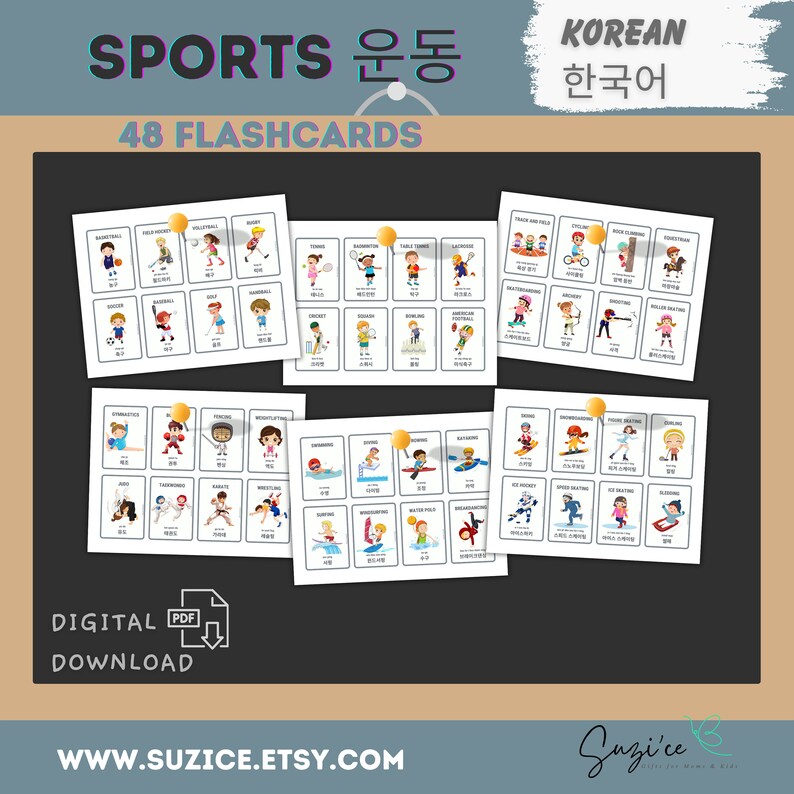 Sports Korean Flashcards Printable to Educate Kids Toddlers Korean ...