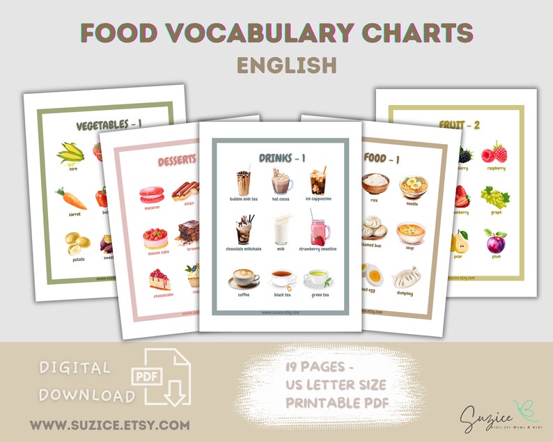 Food Vocabulary English Printable: Montessori Educational Charts ...