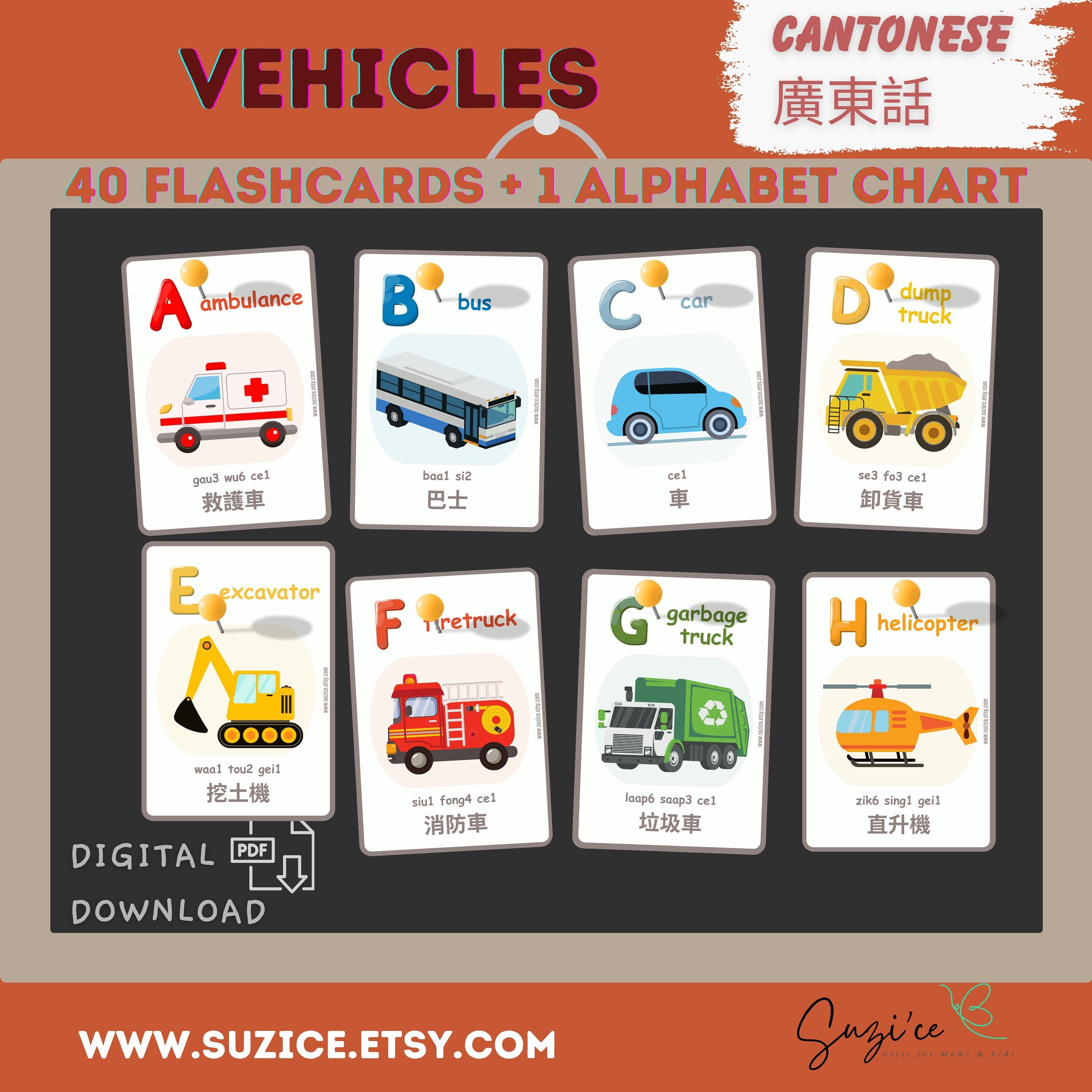 Vehicle Chinese English Alphabet Flashcard Printable to Educate Kids ...