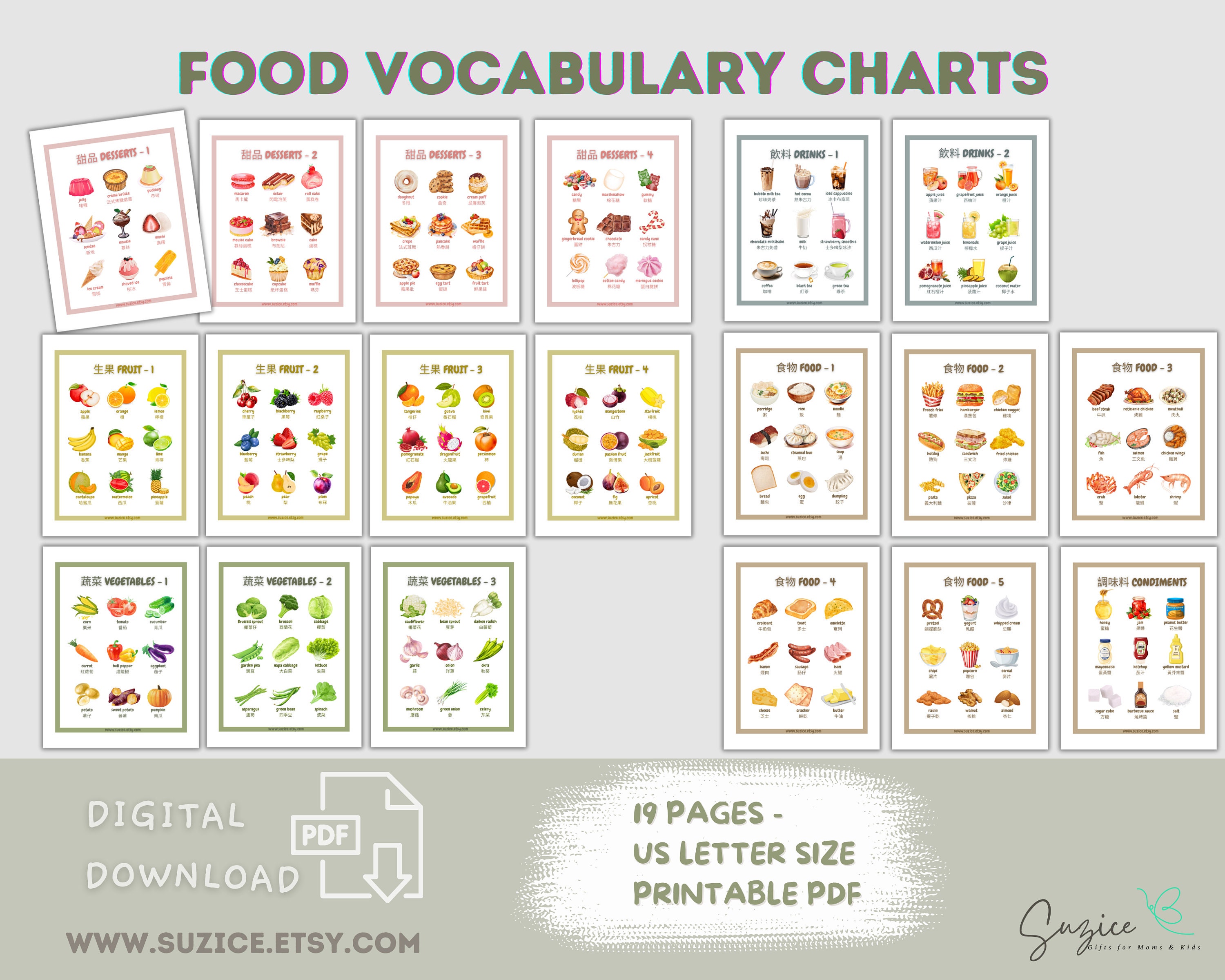 Food Vocabulary English & Traditional Chinese Printable: Montessori ...