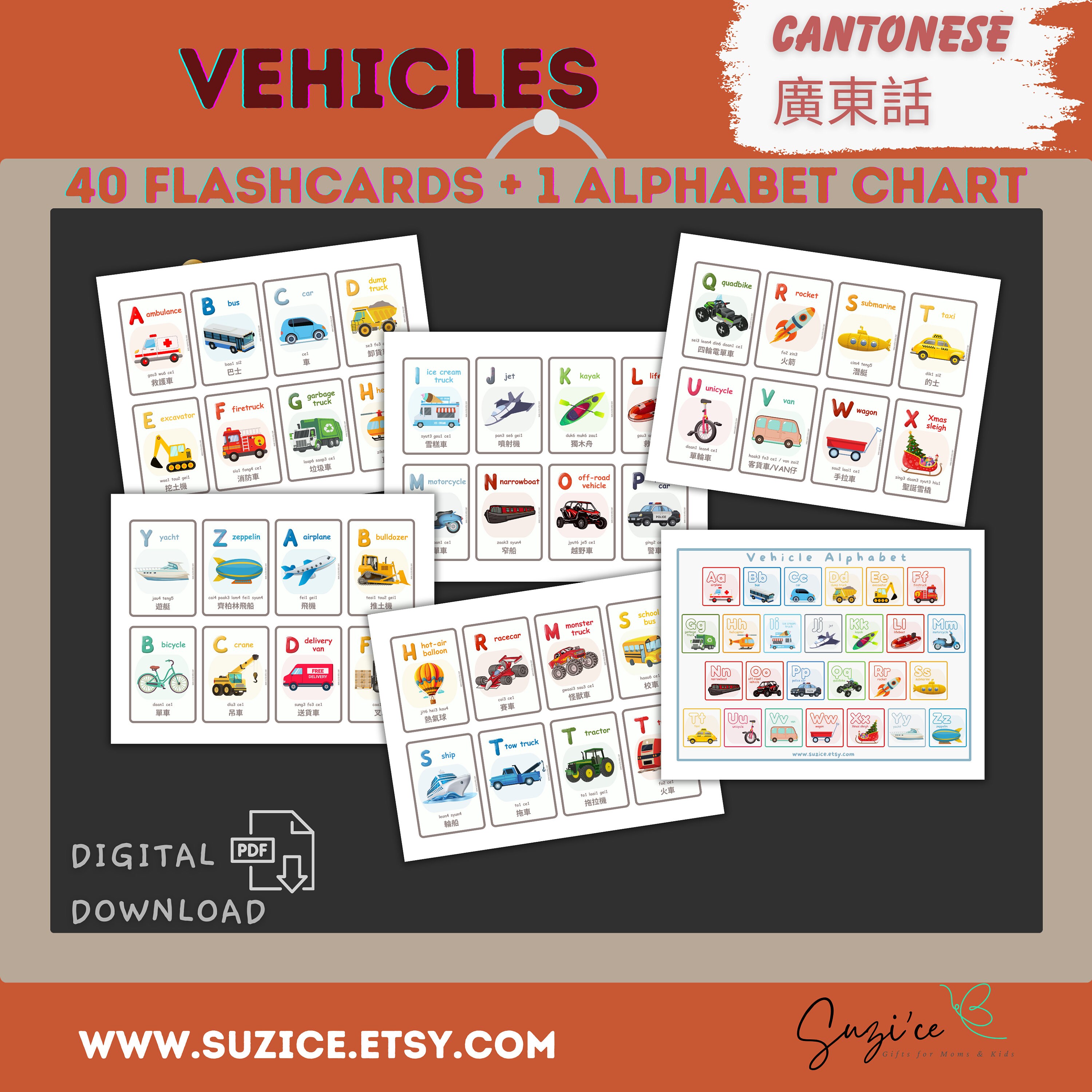 Vehicle Chinese English Alphabet Flashcard Printable to Educate Kids ...
