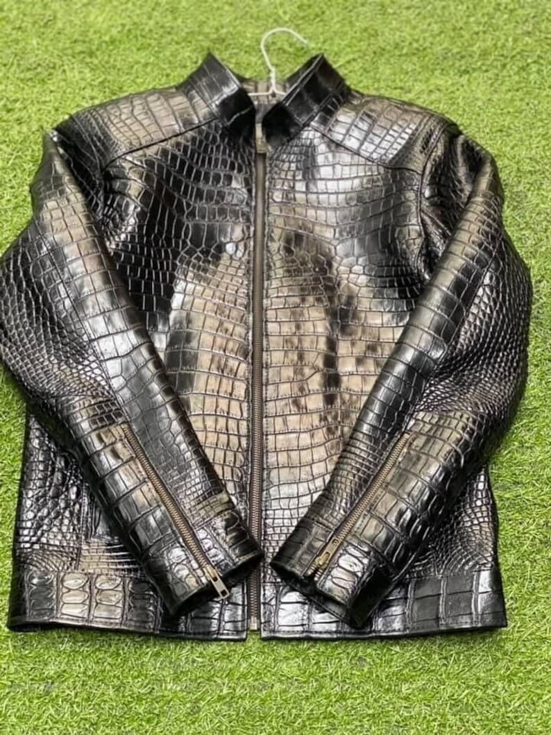 Men's Crocodile Embossed / Alligator Leather Jacket, Crocodile \ Jacket, Handmade Alligator ...