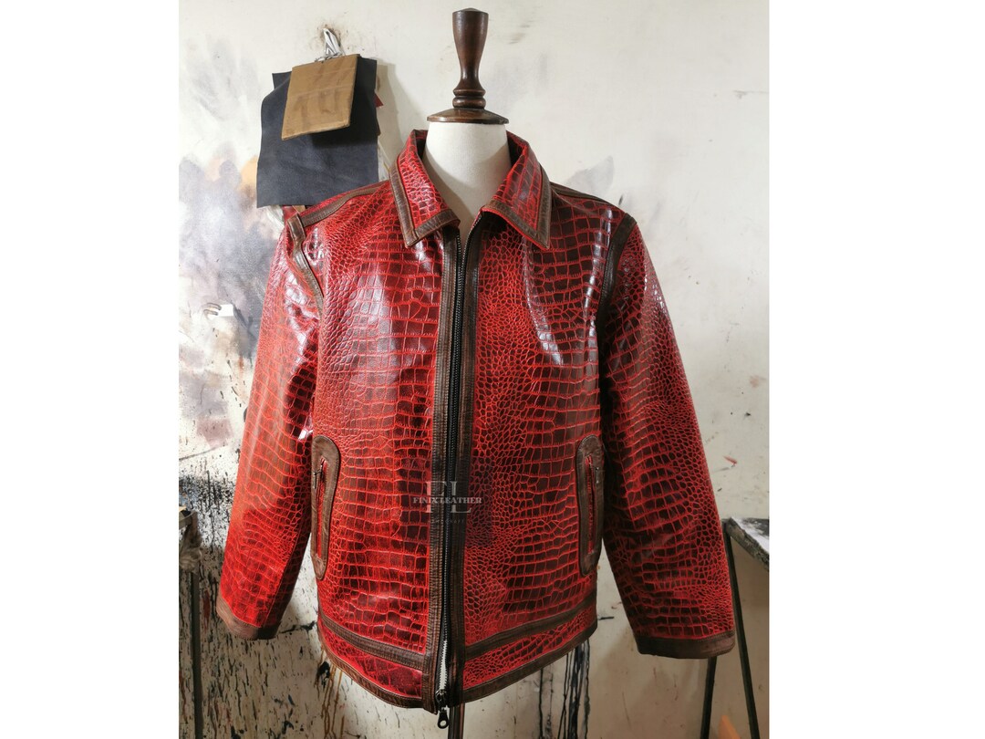 Men's Crocodile Embossed / Alligator Leather Jacket, Crocodile \ Jacket, Handmade Alligator ...