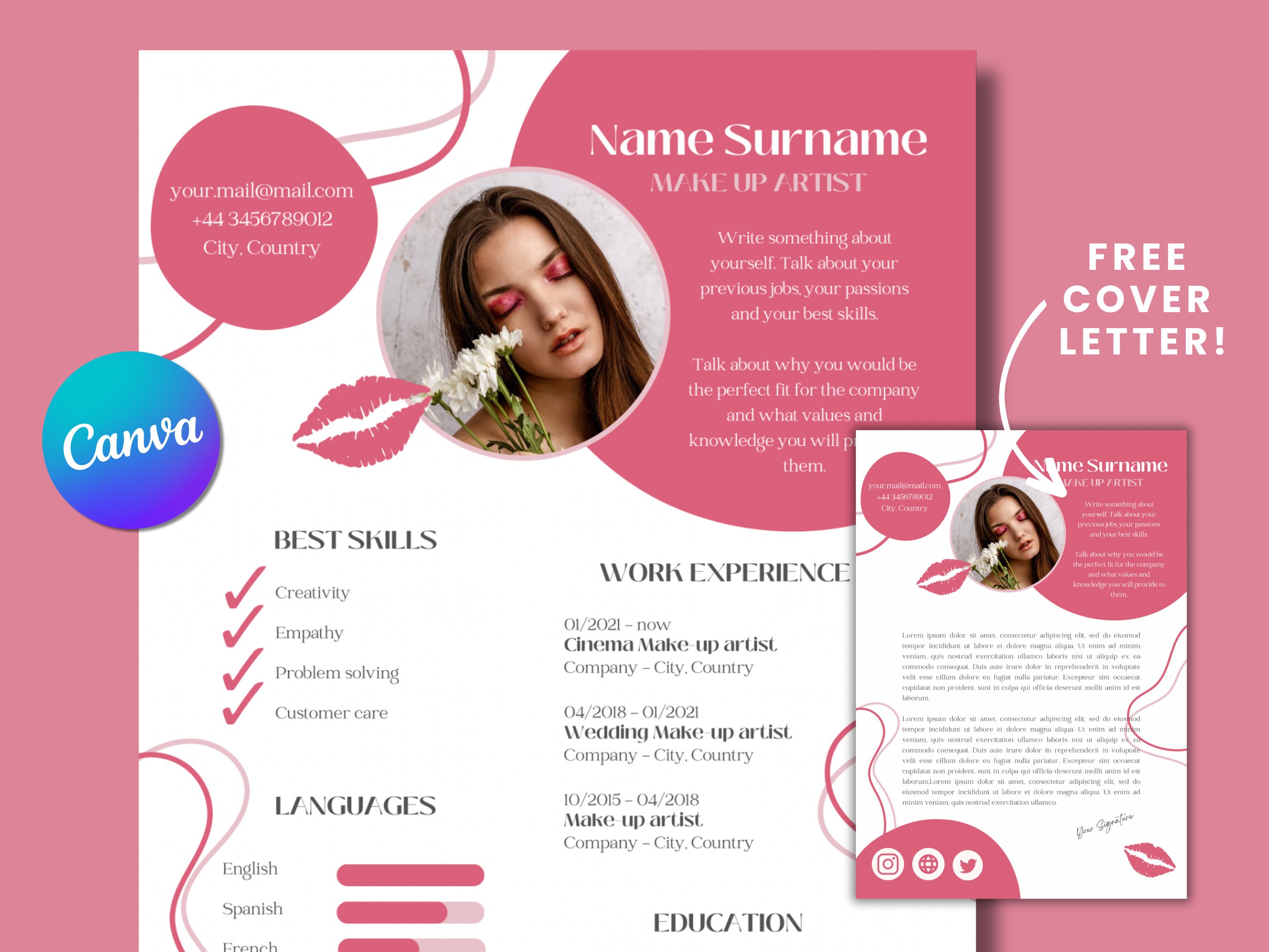 Makeup Artist Creative Resume Canva Template, Professional Resume ...