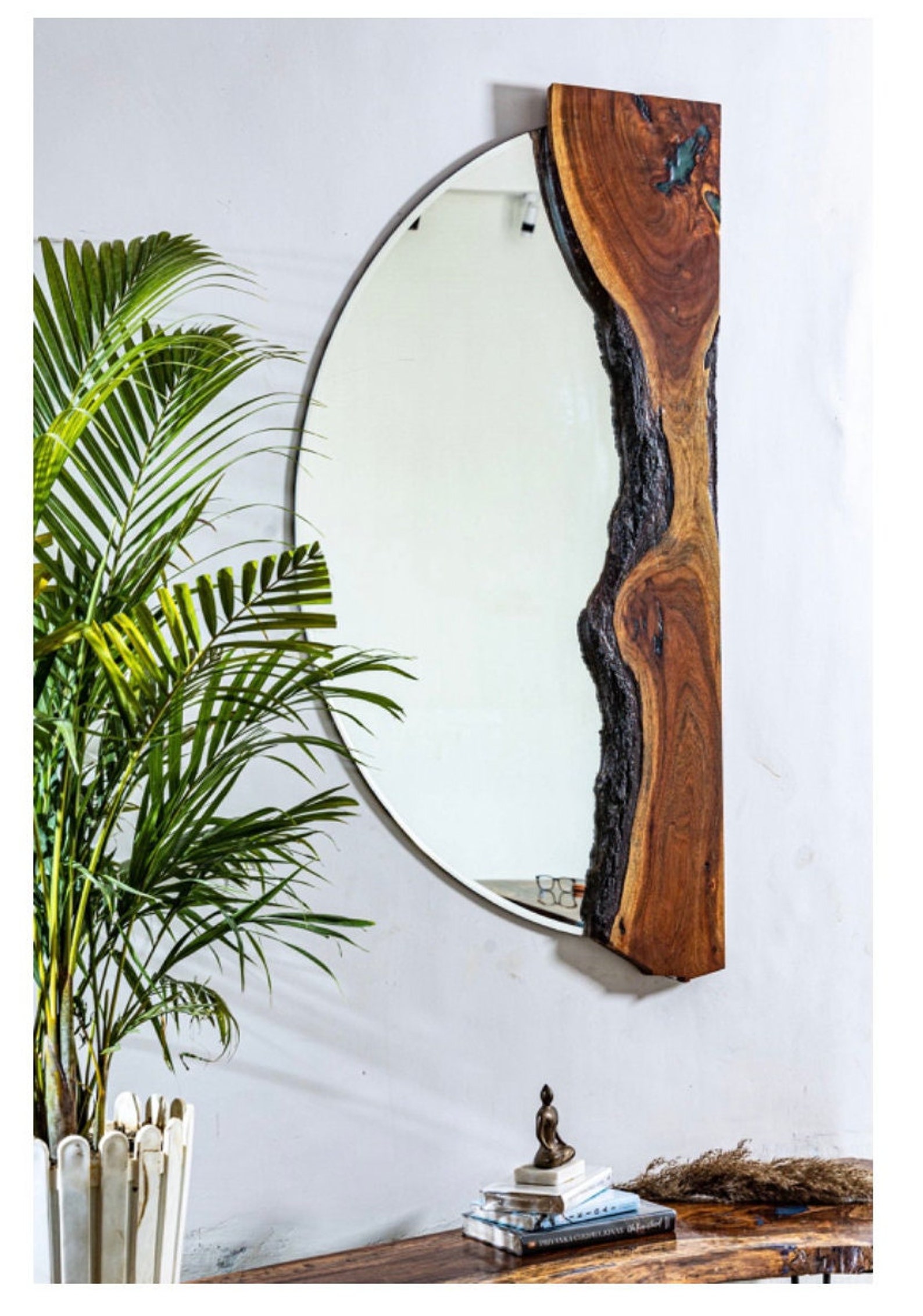 Kagami Wall Mirror - solid Acacia Wood and Epoxy Resin HD Silver Mirror ...