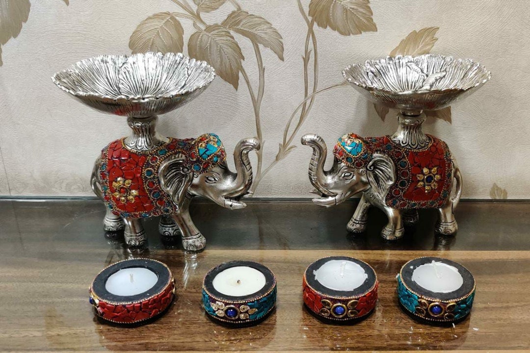 Hand Engraved Elephant Platter & Tea Light Set: German Silver Diwali ...