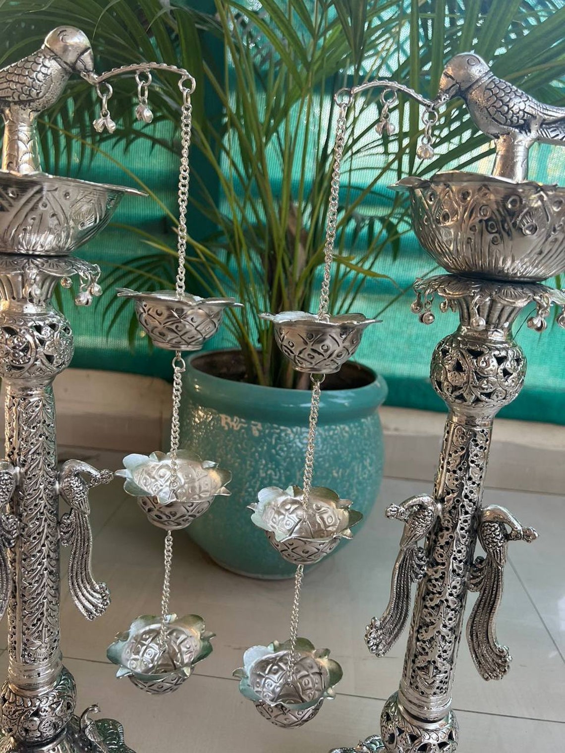 German Silver Parrot Samai, Hand Engraved Set of 2 Gold Plated Parrot ...