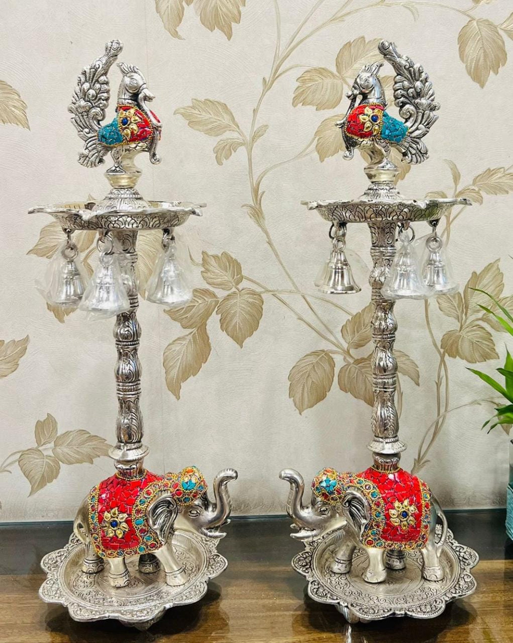 German Silver Peacock Samai, Hand Engraved Set of 2 Peacock Samai-diya ...