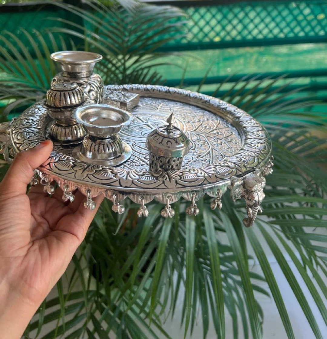 German Silver Hand Engraved Elephant Pooja Thali, Temple Decor, Diwali ...