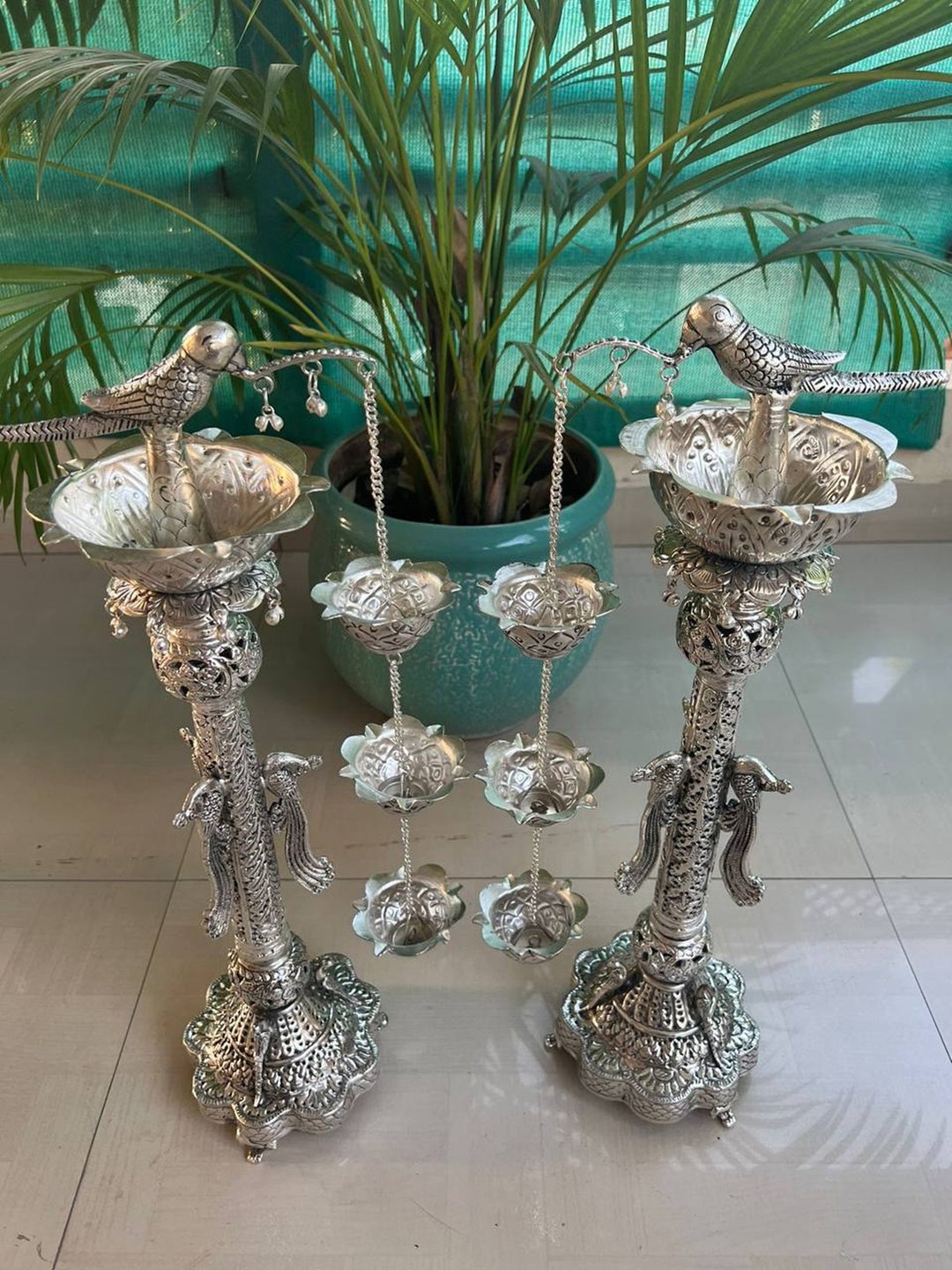 German Silver Parrot Samai, Hand Engraved Set of 2 Gold Plated Parrot ...