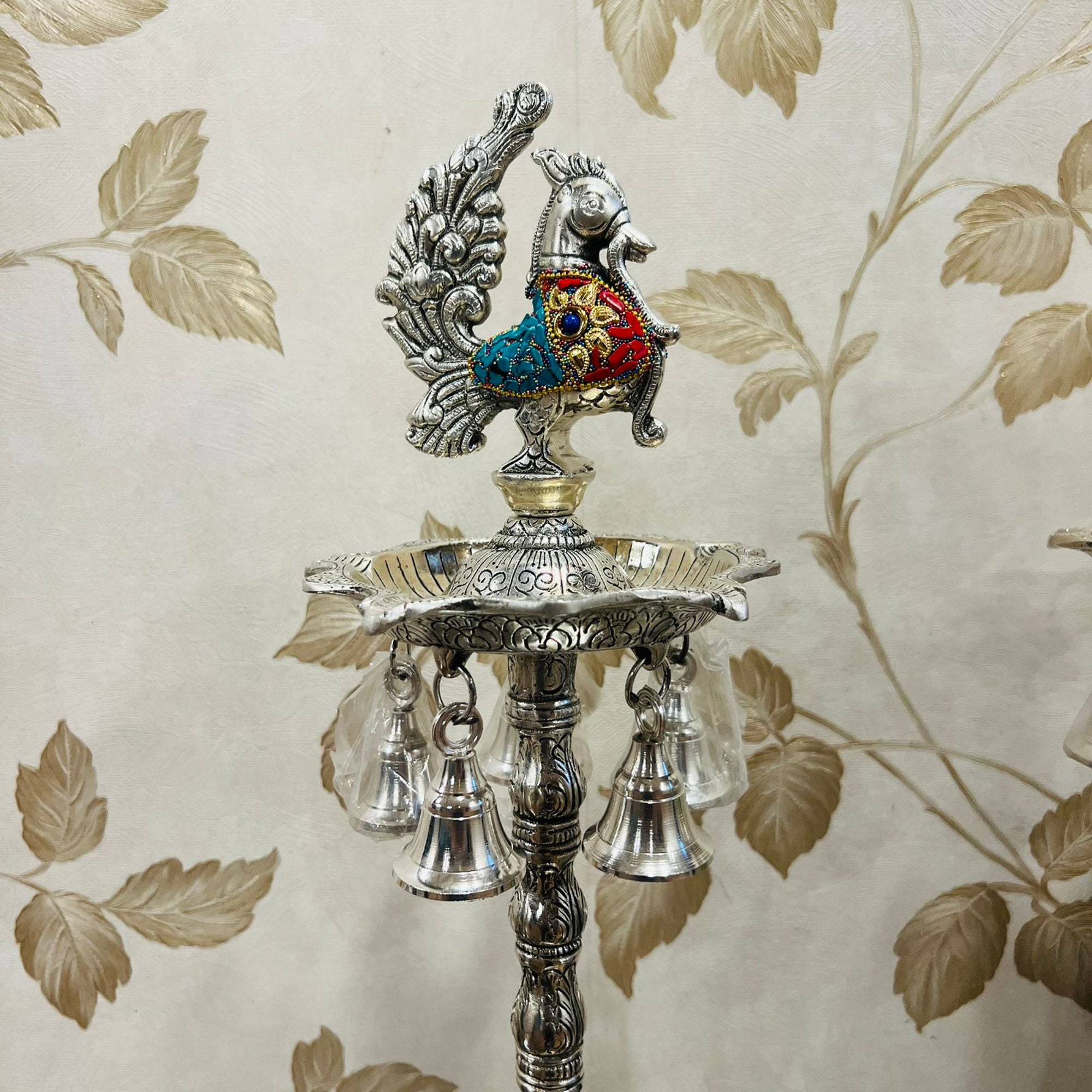 German Silver Peacock Samai, Hand Engraved Set of 2 Peacock Samai-diya ...