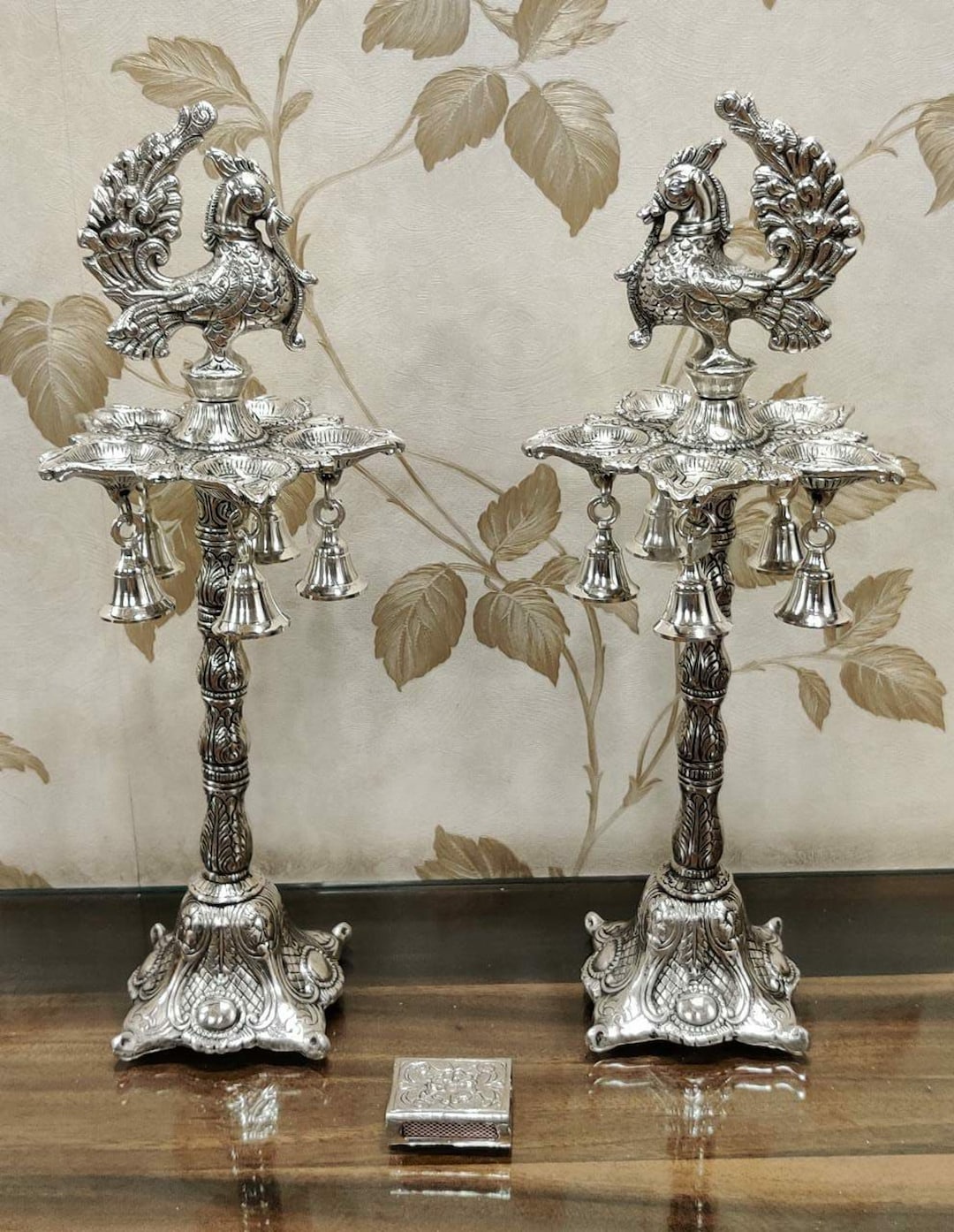 German Silver Samai, Hand Engraved Set of 2 Peacock Samai-diya ,diwali ...