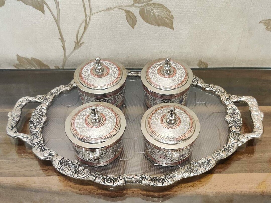 German Silver Dry Fruit Bowl-tray Set, Set of 4 Bowl With Meena Work ...