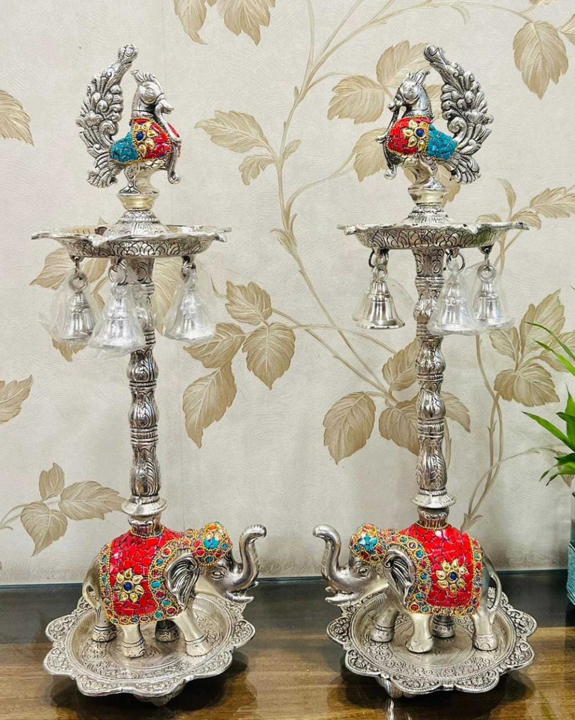 German Silver Peacock Samai, Hand Engraved Set of 2 Peacock Samai-diya ...