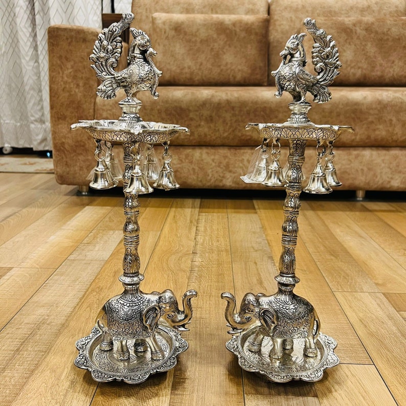 German Silver Peacock Samai, Hand Engraved Set of 2 Peacock Samai-diya ...