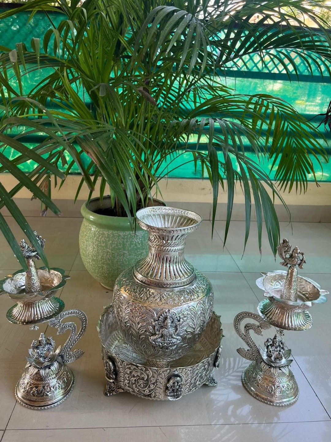 German Silver Combo of 1 Laxmi Pot, Set of 1 Laxmi Urli, Set of 2 Laxmi ...