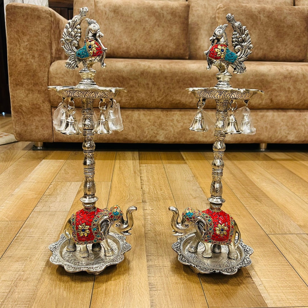 German Silver Peacock Samai, Hand Engraved Set of 2 Peacock Samai-diya ...